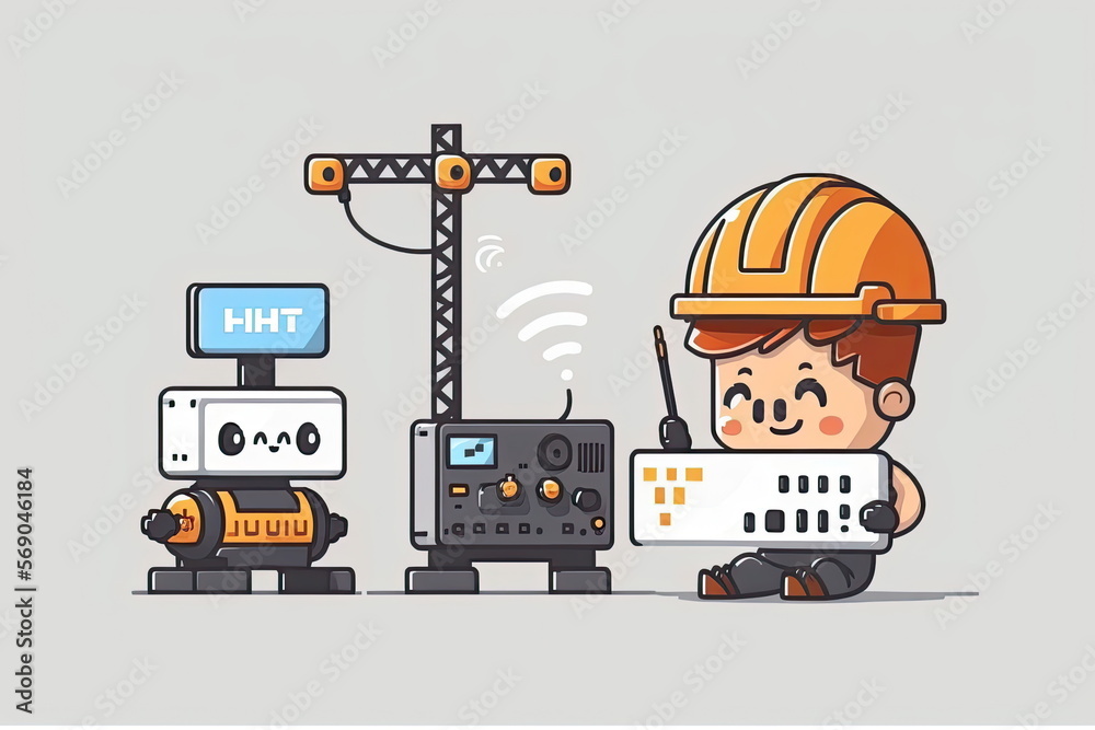 Cute cartoon characters, factory and working person using wifi ...