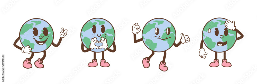 Set of earth characters in trendy retro cartoon style. Funny comic ...