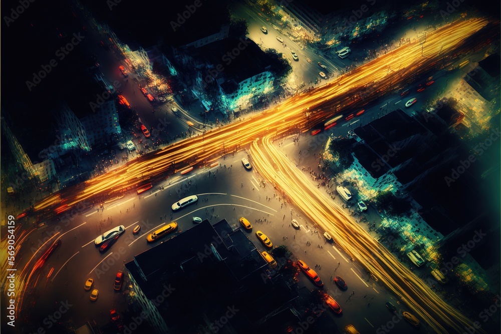 Moving city lights from above at night, street view created with ...