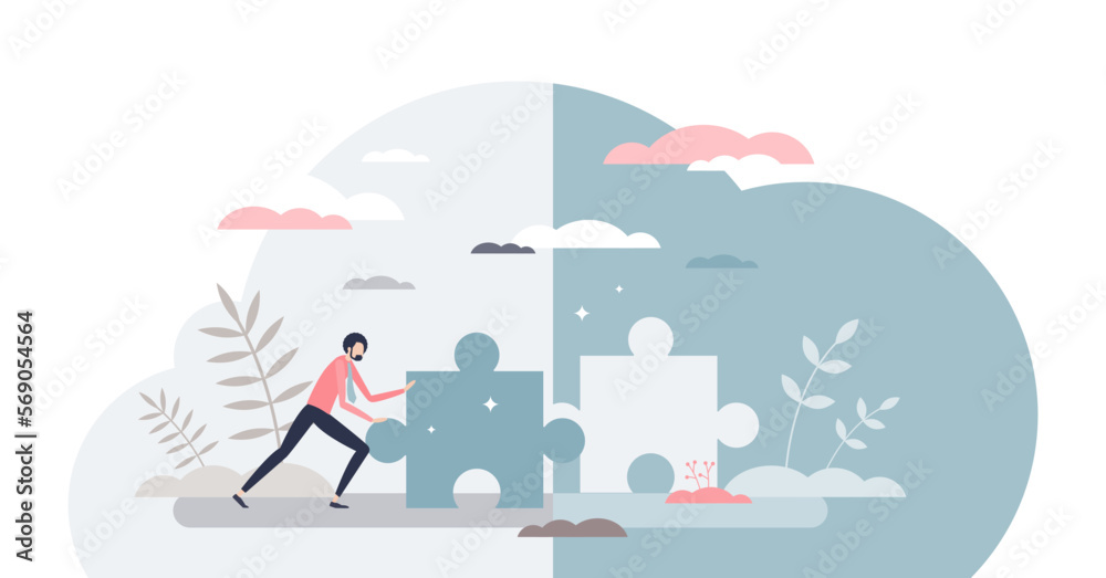 Business challenge solution as missing jigsaw puzzle piece tiny person ...