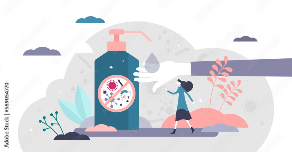 Hand sanitizing illustration, transparent background. Flat tiny virus ...