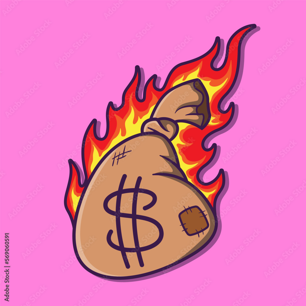 cartoon illustration of a burning money bag Stock Vector | Adobe Stock