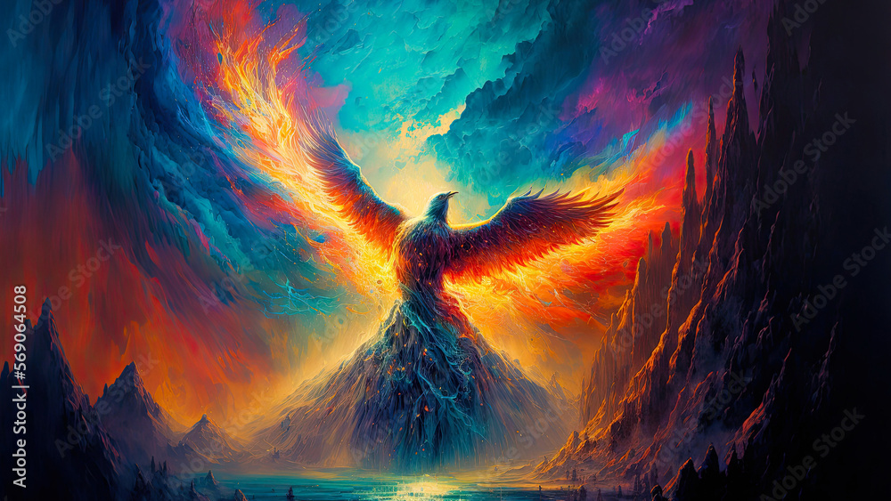 Beautiful giant phoenix with open wings. Colorful mountains landscape ...