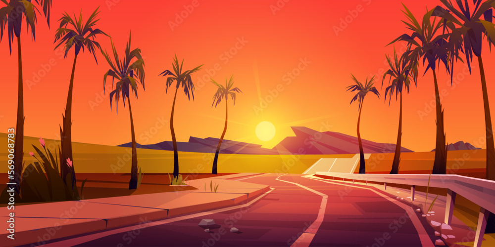 Empty asphalt road with palm trees, sunset tropical background. Vector ...