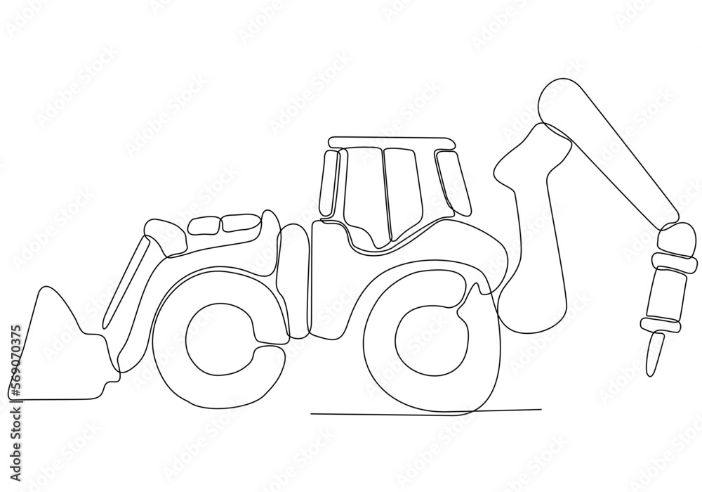 One continuous line drawing of heavy equipment for building ...