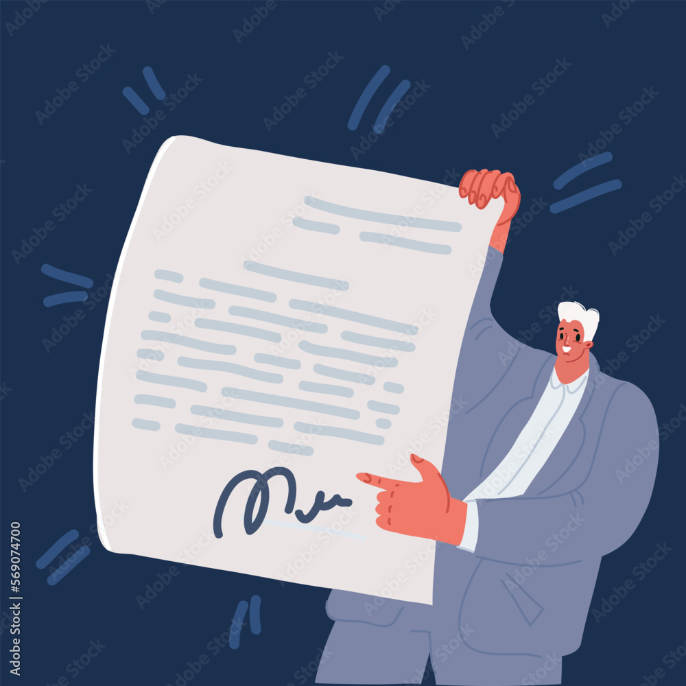 Vetor de Cartoon vector illustration of Man signs document show ...