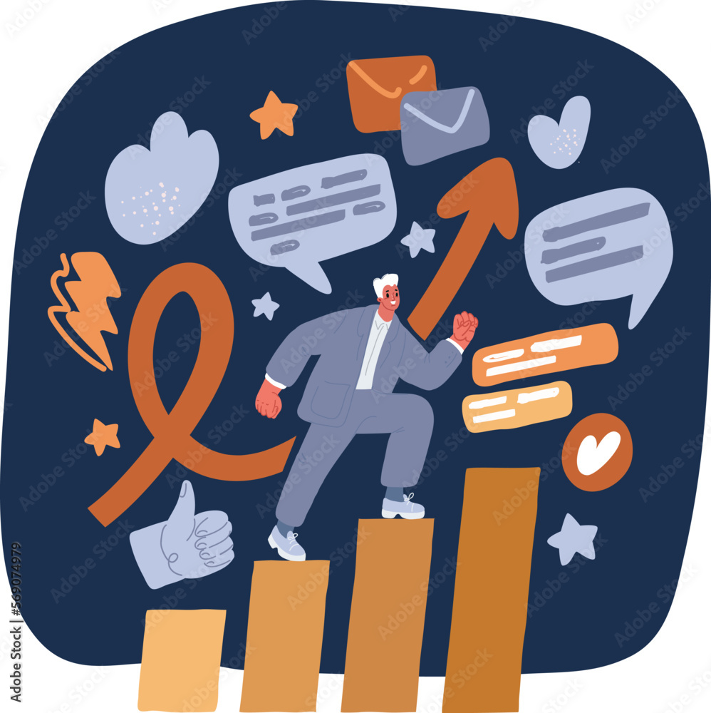 Cartoon vector illustration of man walking up the stairs in modern city ...