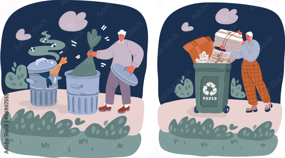 Cartoon vector illustration of Garbige. People sorting trash and they ...