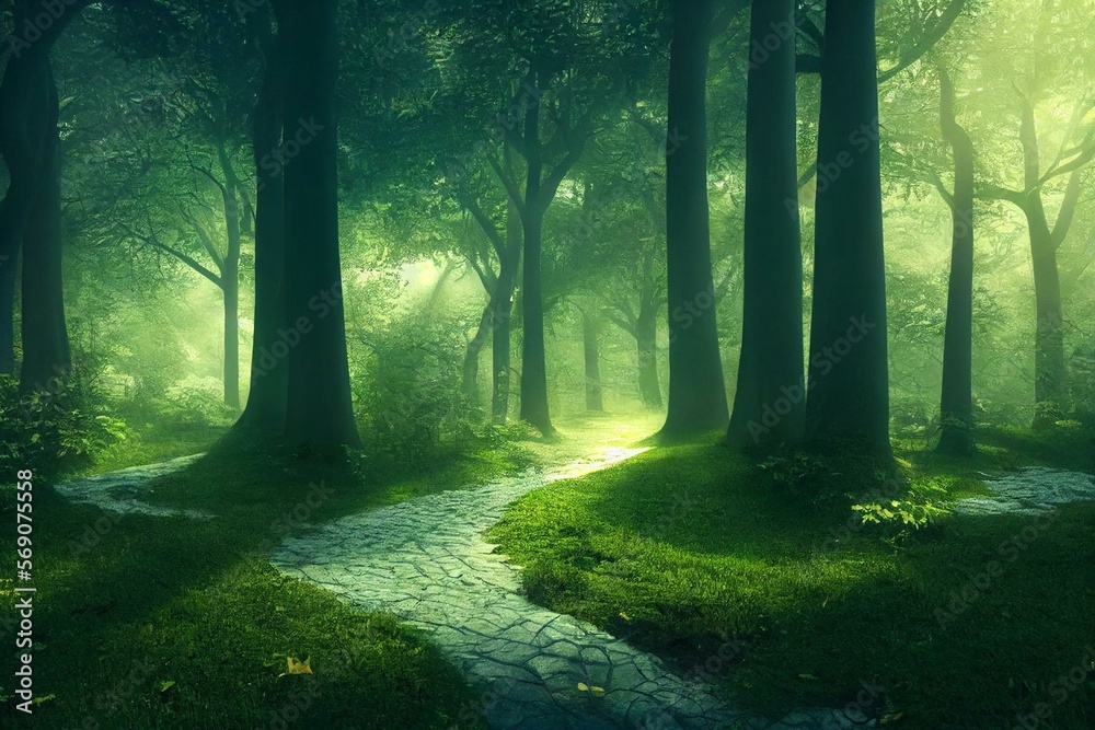 Beautiful magical forest fabulous trees. Mystic Forest landscape, sun ...