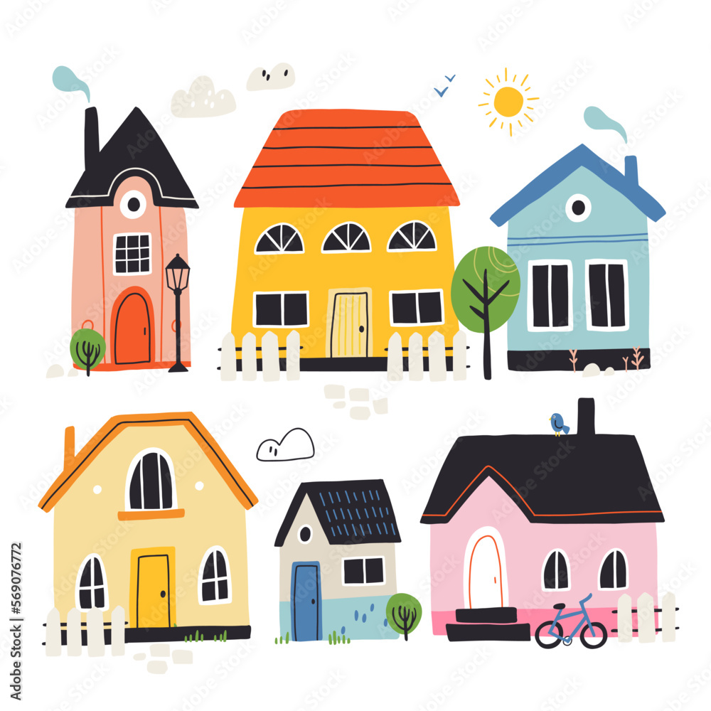 Vector illustration of cute cartoon houses. Traditional old buildings ...