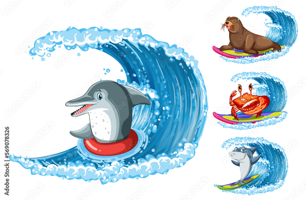 Sea animals surfing cartoon character Stock Vector | Adobe Stock