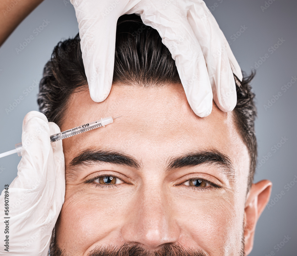 Forehead injection, man and portrait for skincare, beauty and botox ...