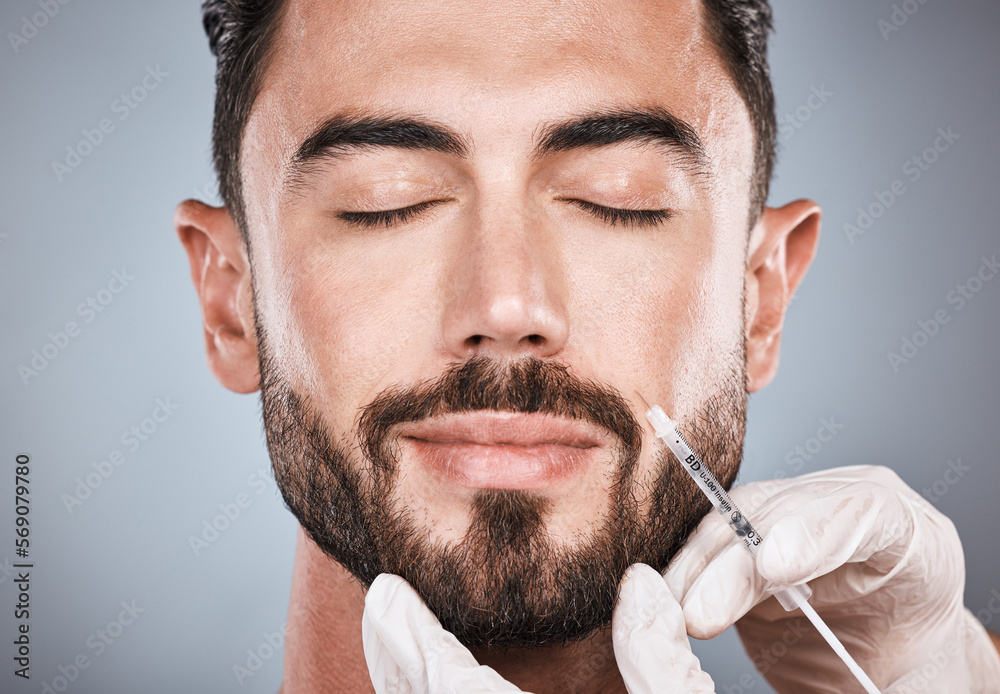 Needle, man and plastic surgery for skincare, collagen and beauty ...