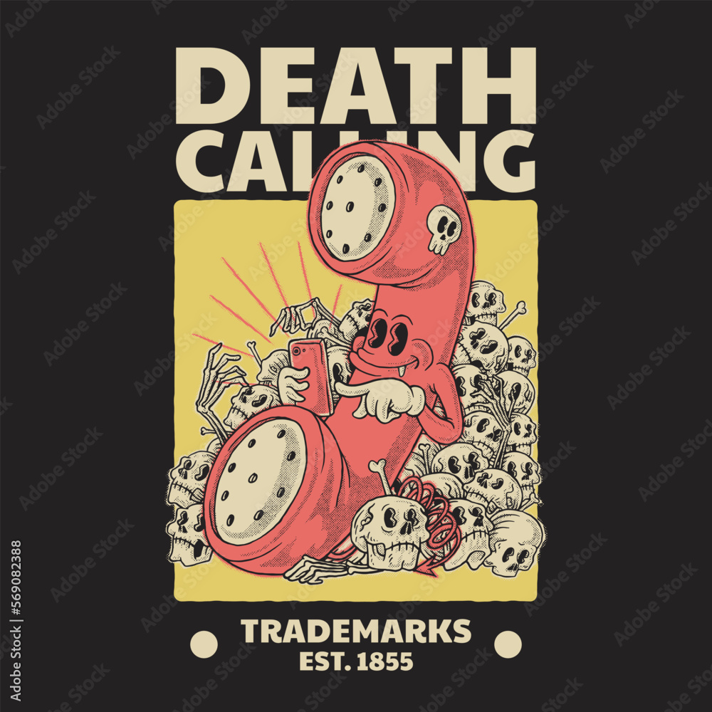 cartoon emblem of evil phone on piles of bones and skulls with retro ...