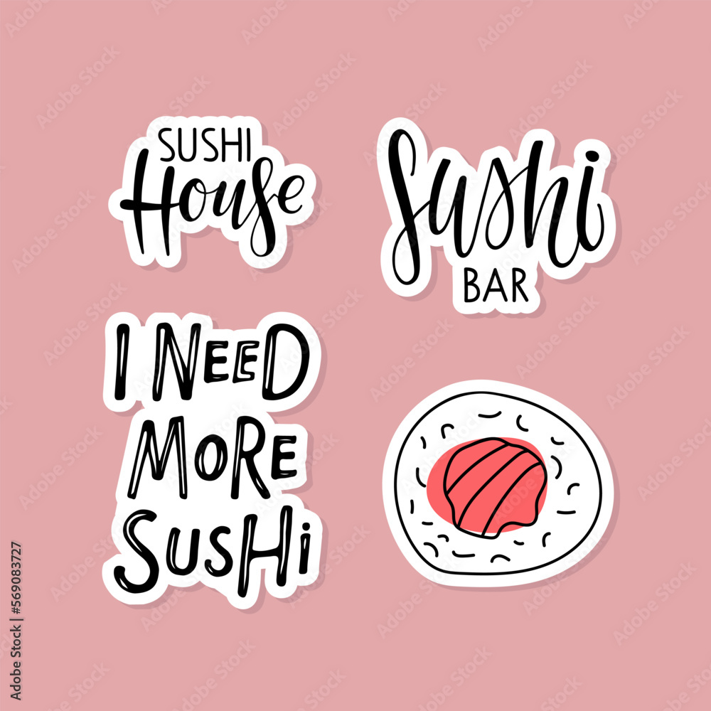 Sushi bar logo set. Handwritten inscription and sushi roll sketch ...