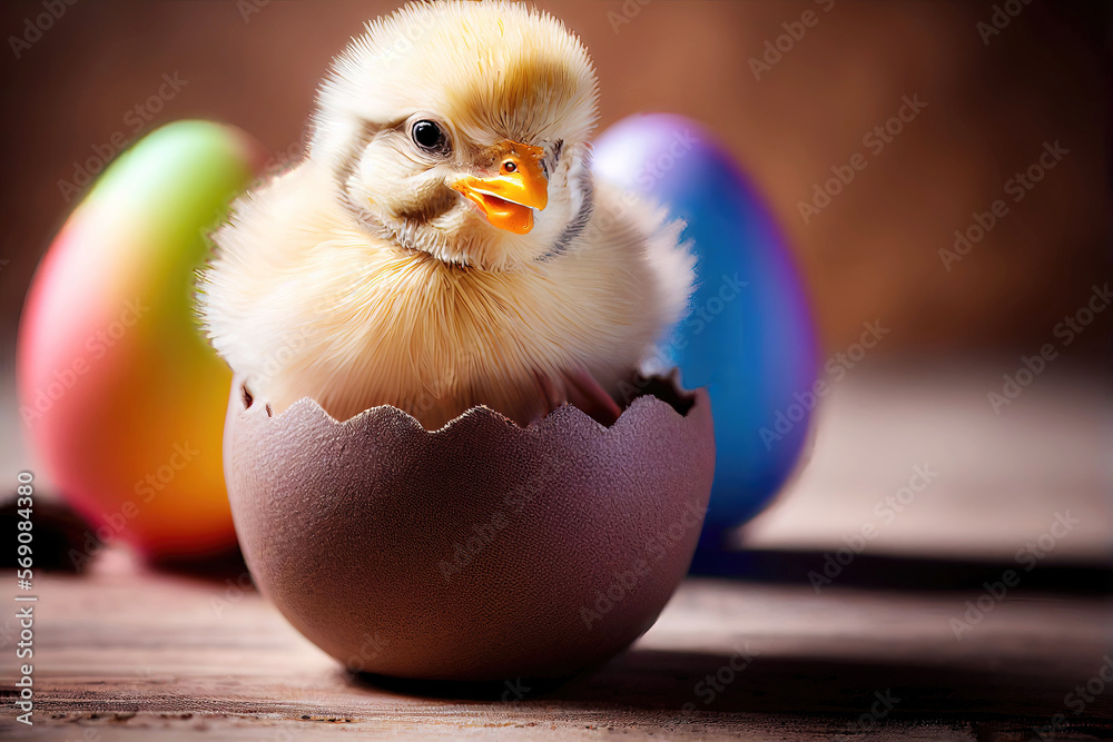 Cute baby chick hatching from chocolate easter egg as illustration ...