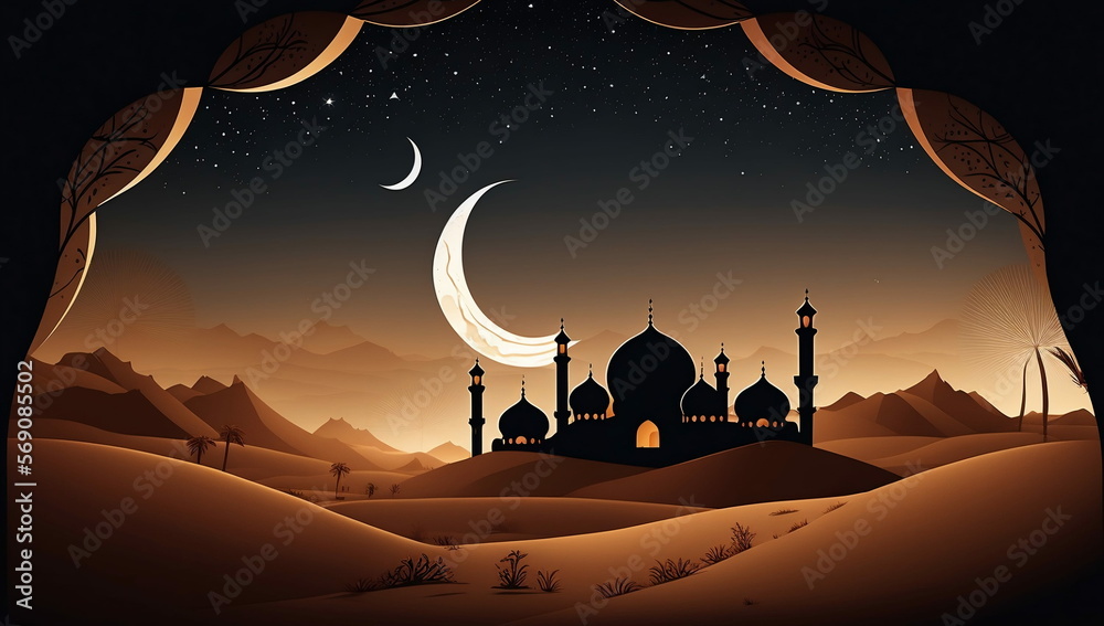 Journey to the Divine, Night Sky with Moon and Mosque in Desert , Flat ...