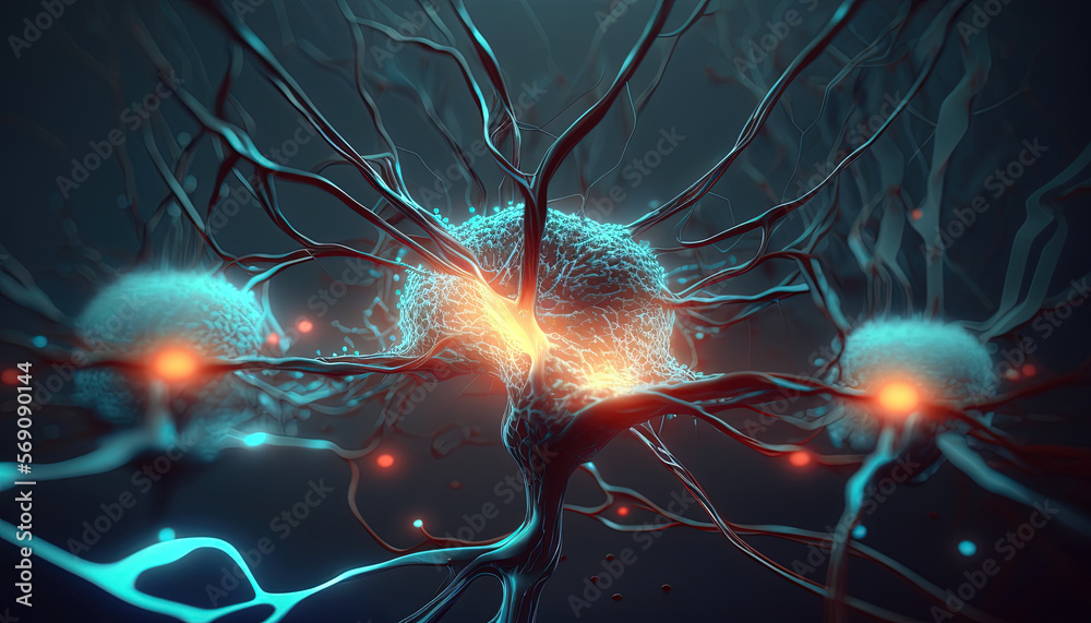 Generative AI, Conceptual illustration of neuron cells with glowing ...
