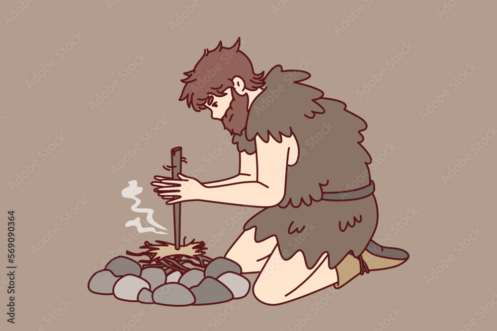 Primitive man on knees near stones for first time breeds bonfire using ...