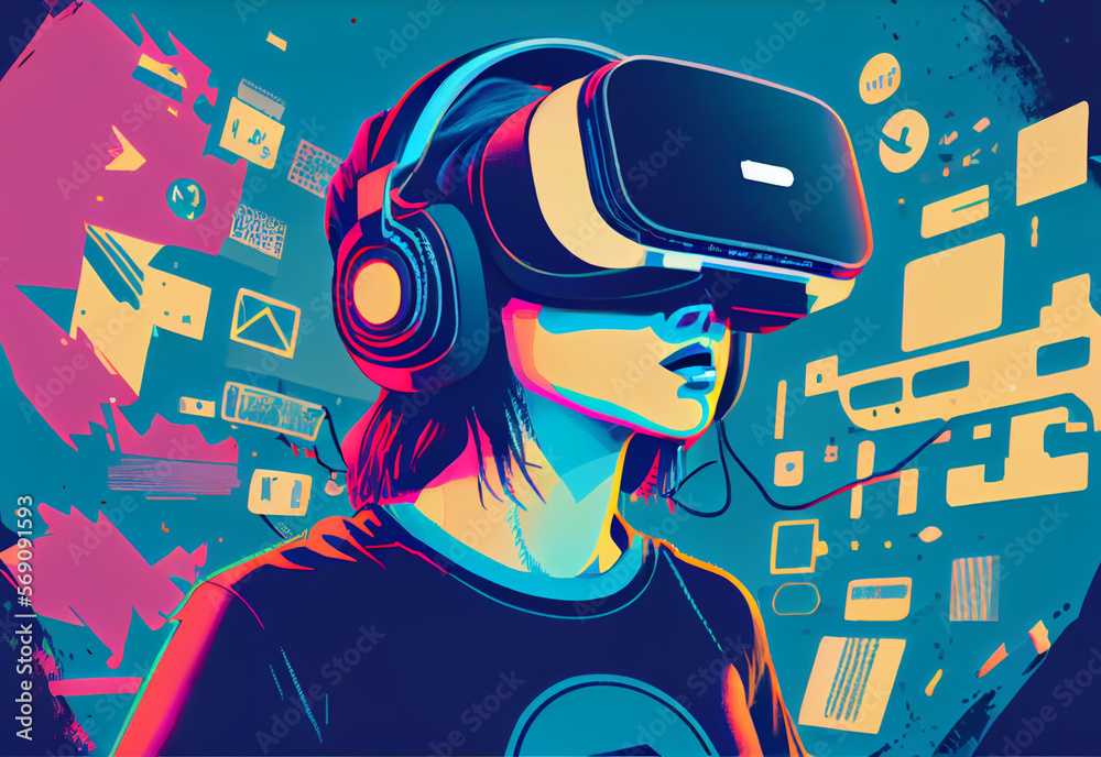Concept of virtual reality technology, graphic of a teenage gamer ...