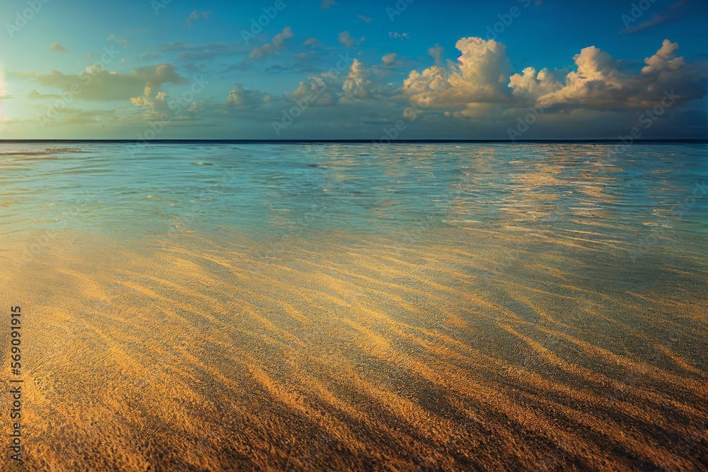 Wood floor foreground on horizon tropical sandy beach. The blur blue ...