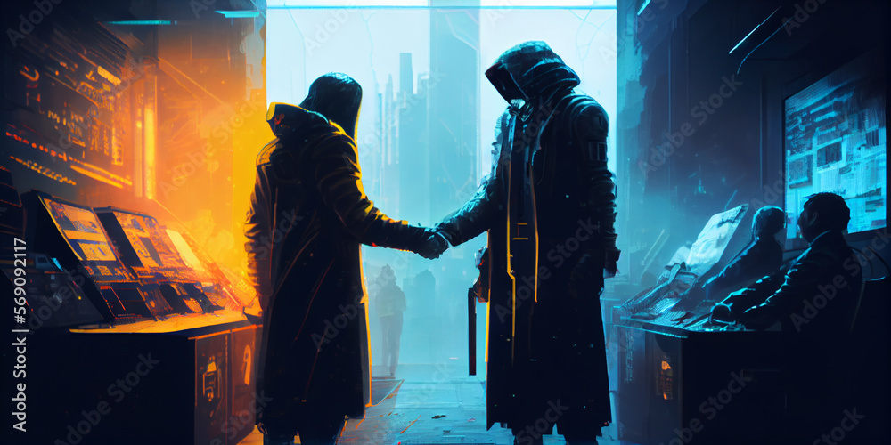 3D rendering cyberpunk robot handshake. Dark cyborg distopian future ...
