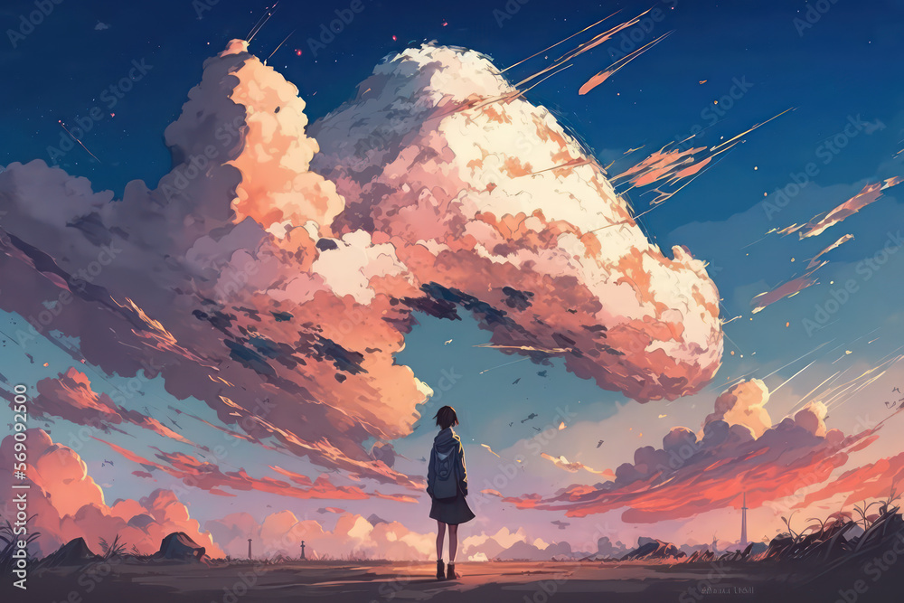 Girl On The Road With Big Sky View Evening Sunset Wallpaper Background Anime Art Landscape