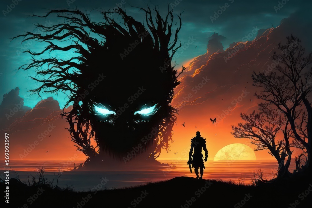 Hero fantasy wallpaper background. Silhouette shadow of the man hero ...