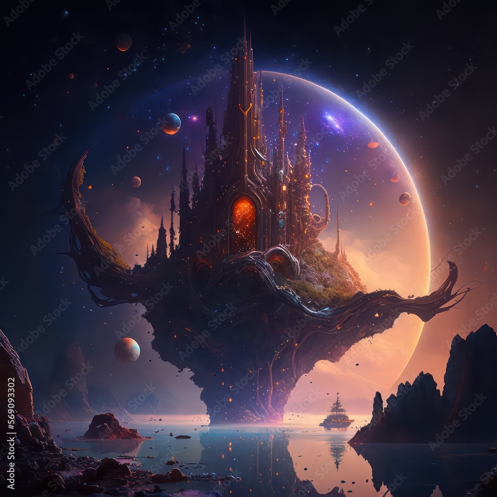 Fantasy castle on the planet in realistic theme. Dreamy fantasy land ...