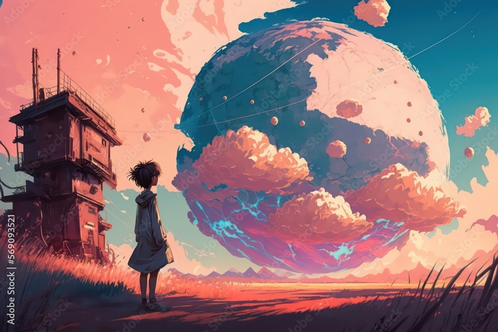 Girl look at the huge weird moon floating on the sky. Digital art style ...