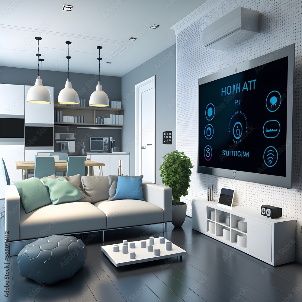 The picture depicts a modern living room with various connected devices ...