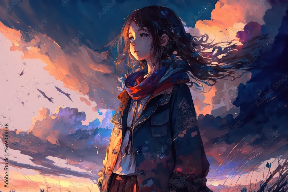 Anime girl wallpaper background. Young lady in the evening with sunset ...