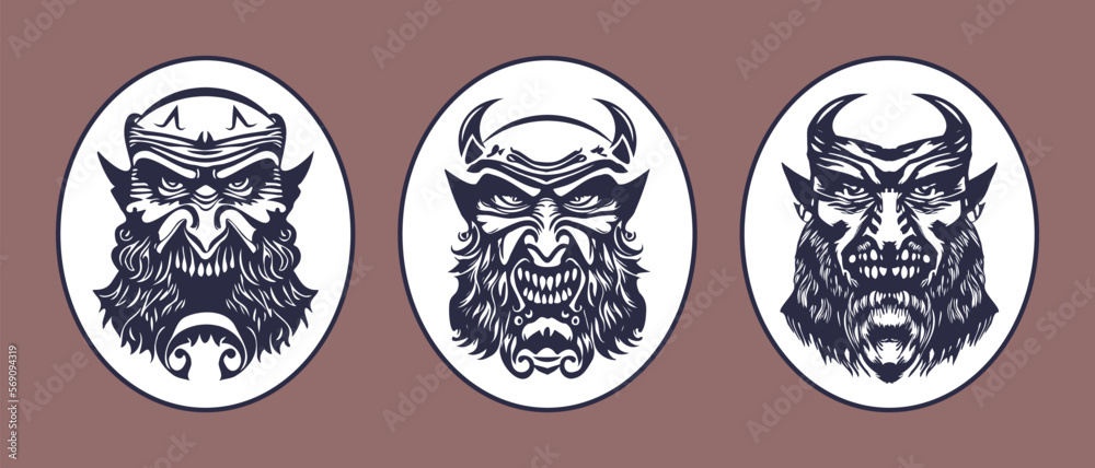 Vector set of scary monochrome faces in an oval. Bearded, eared, horned ...