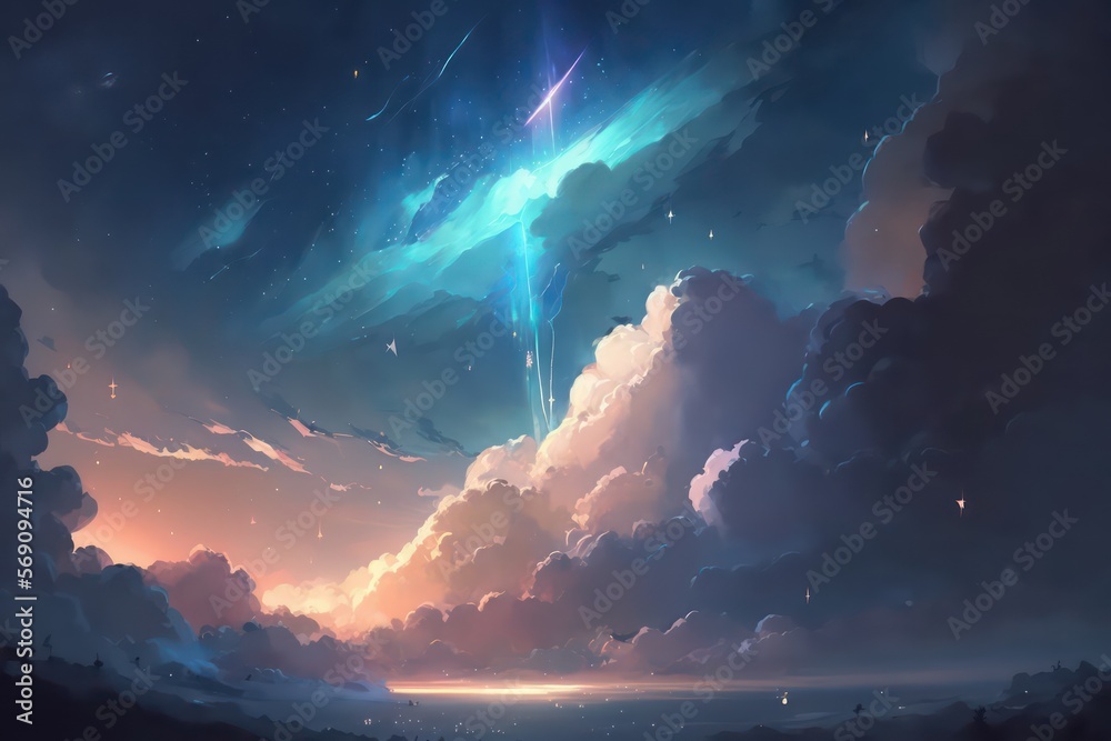 Anime sky painting wallpaper background. Fantasy sky. Skyland with ...