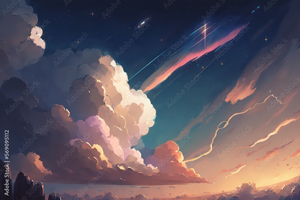 Fantasy sky. Skyland with beautiful flare. Anime sky painting wallpaper ...