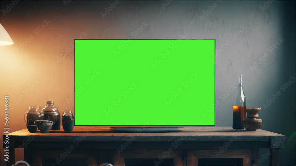 Smart TV with chroma key in modern interior background. On top of that ...