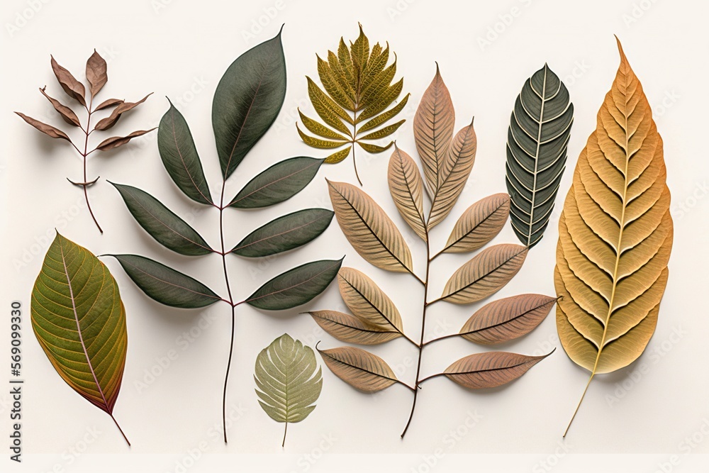 group of different types of leaves on a white background with a white ...