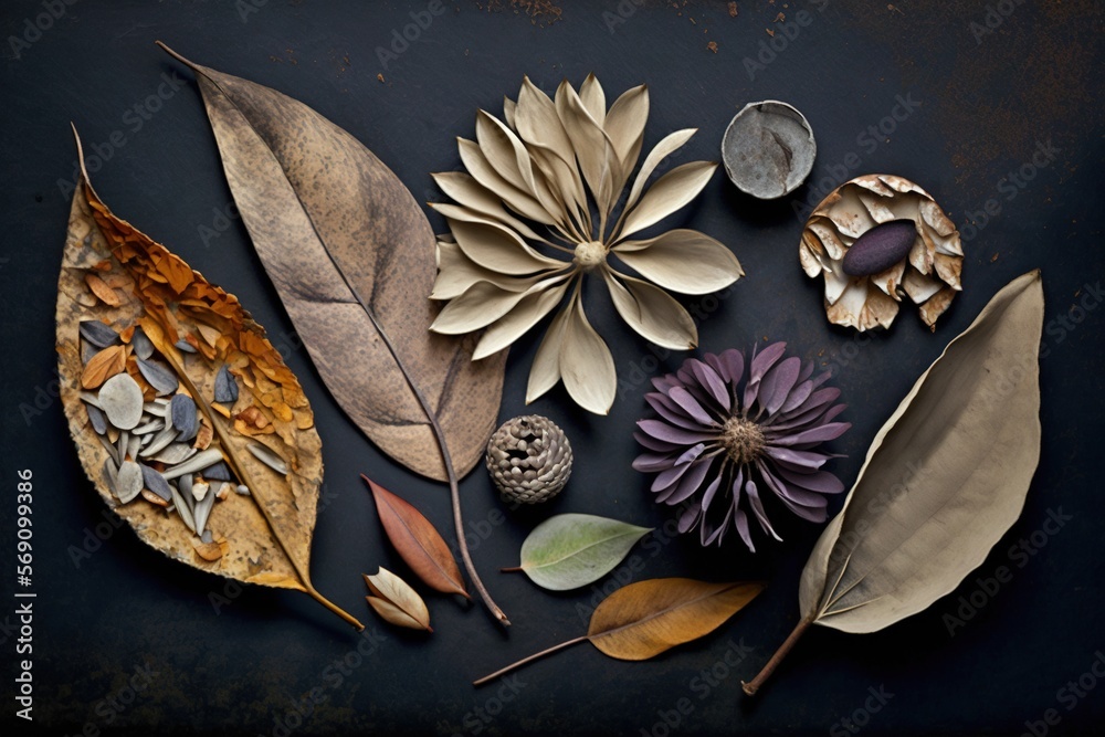 a group of different types of leaves on a black surface with a few ...