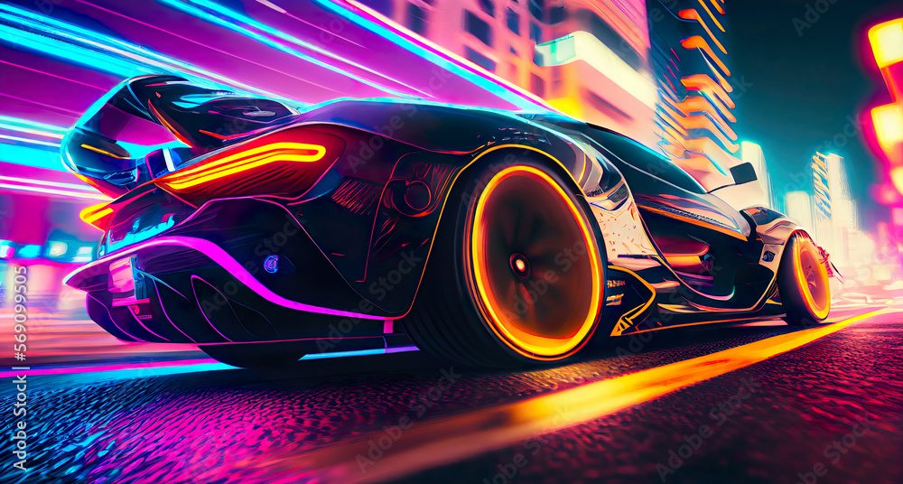 exotic sport car in futuristic city with neon lights Stock Illustration ...