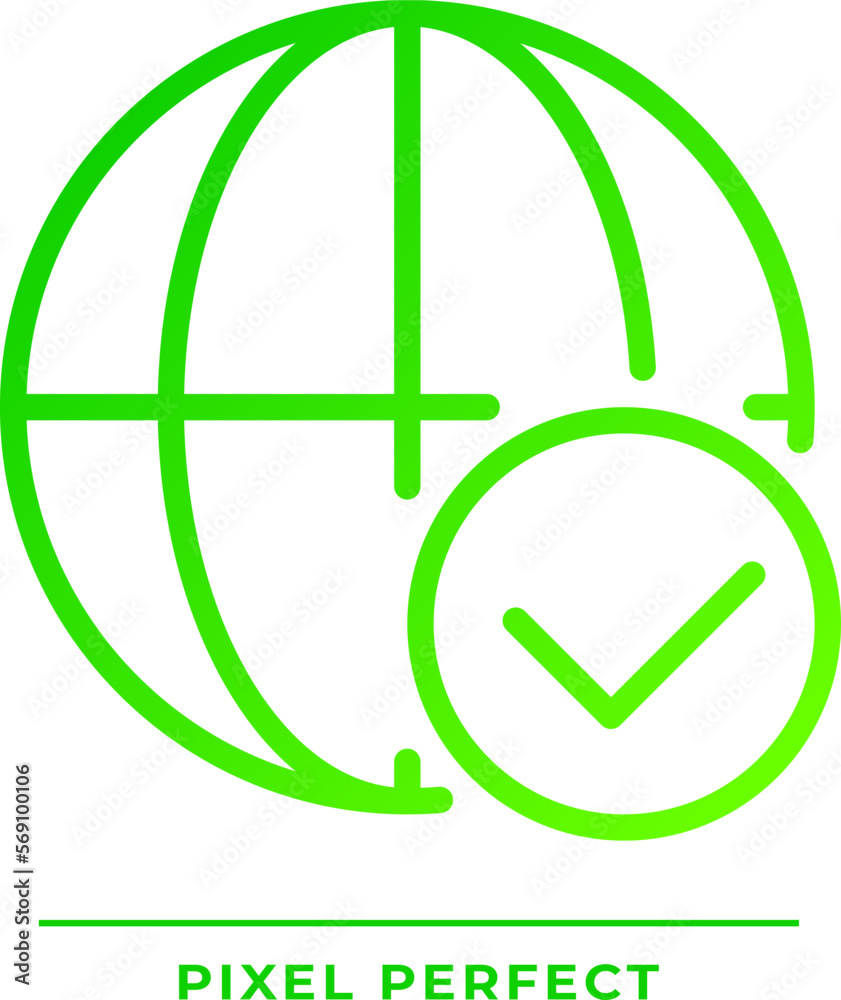 Globe with check mark pixel perfect gradient linear vector icon ...