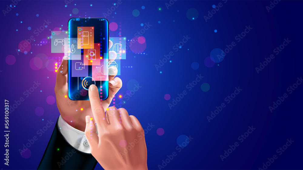 IOT concept. Man holding phone in hand, remote controls smart home ...