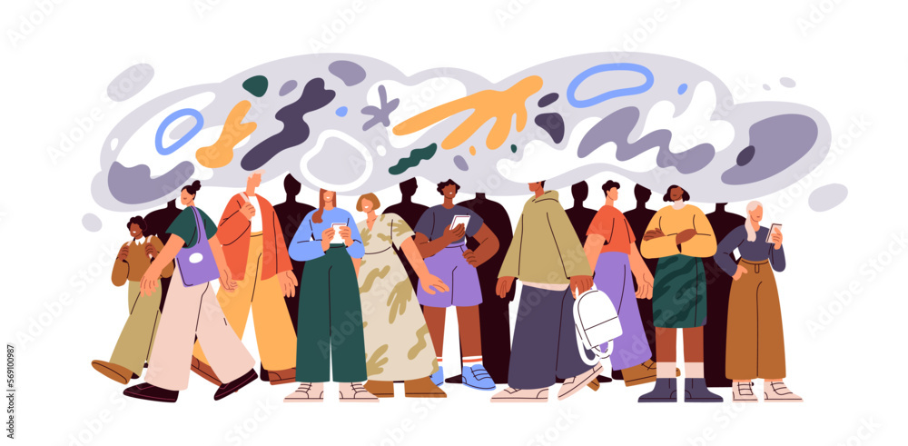 Vetor de Crowd with different thoughts. Social psychology, collective ...