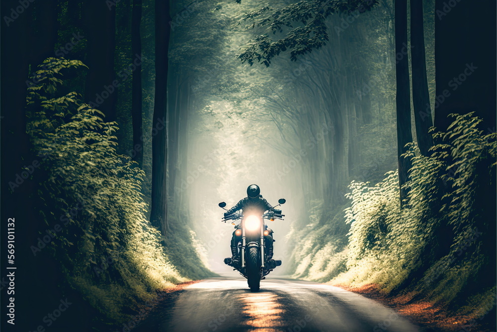 motorcycle driving through the forest on country road, Made by AI ...
