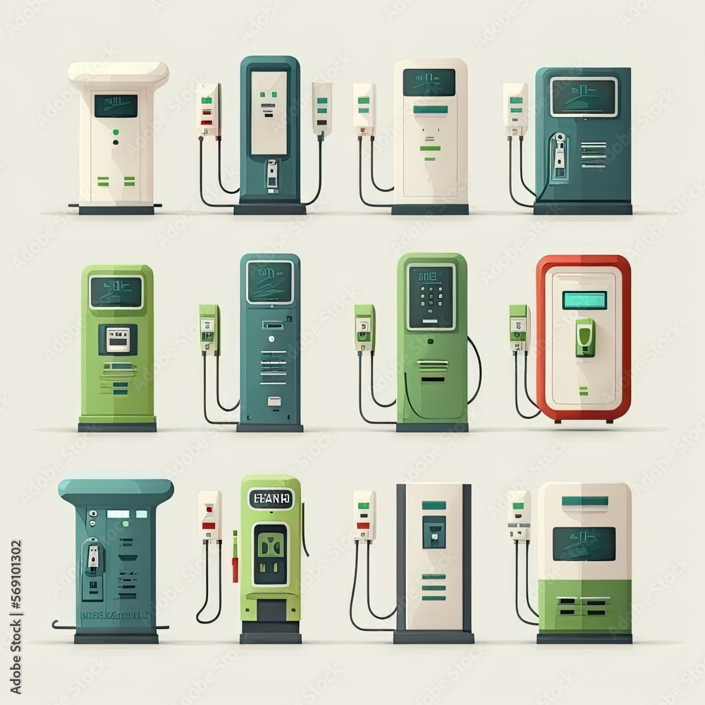 Collection of ev charger station, green energy and eco power, vector ...