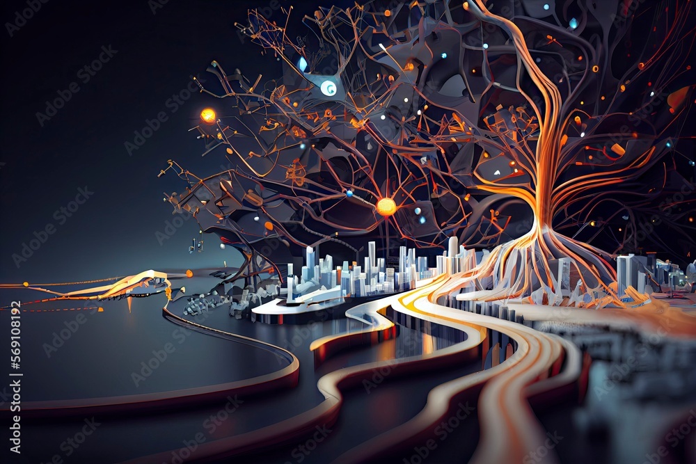 a digital landscape, with a representation of a deep neural network, a ...