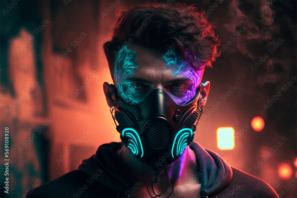 colorful futuristic mechanically realistic Neon Mask Guy Stock ...