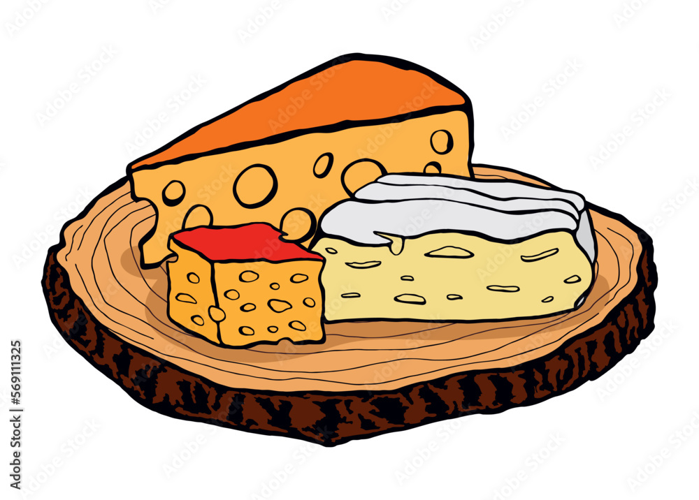 Obraz Deska serów. Kolorowa ilustracja wektorowa, rysunek odręczny ... Obraz Deska serów. Kolorowa ilustracja wektorowa, rysunek odręczny ...