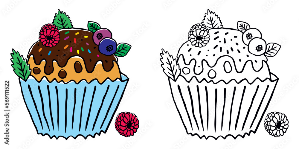 Babeczka z polewą czekoladową, kolorową posypką i owocami, borówkami i ...