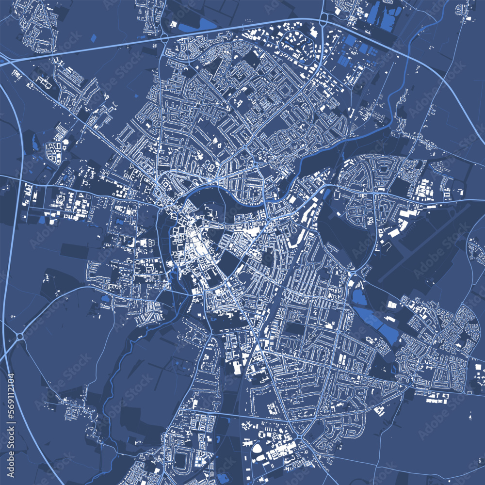 Blue square Cambridge map, the UK. Skyline city map with roads and ...