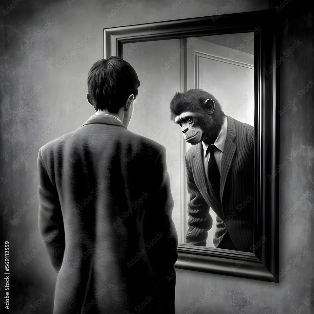 surrealism a man from behind is looking at himself in a mirror his ...
